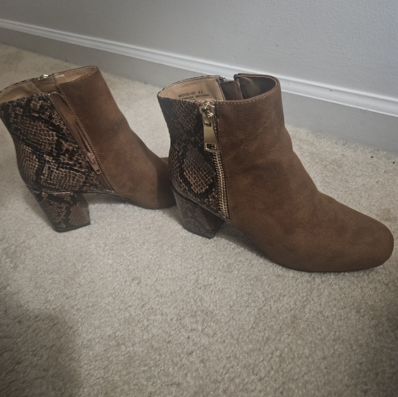 BAMBOO | Shoes | Bamboo Brown Suede Ankle Boots With Snake Print Accent ...